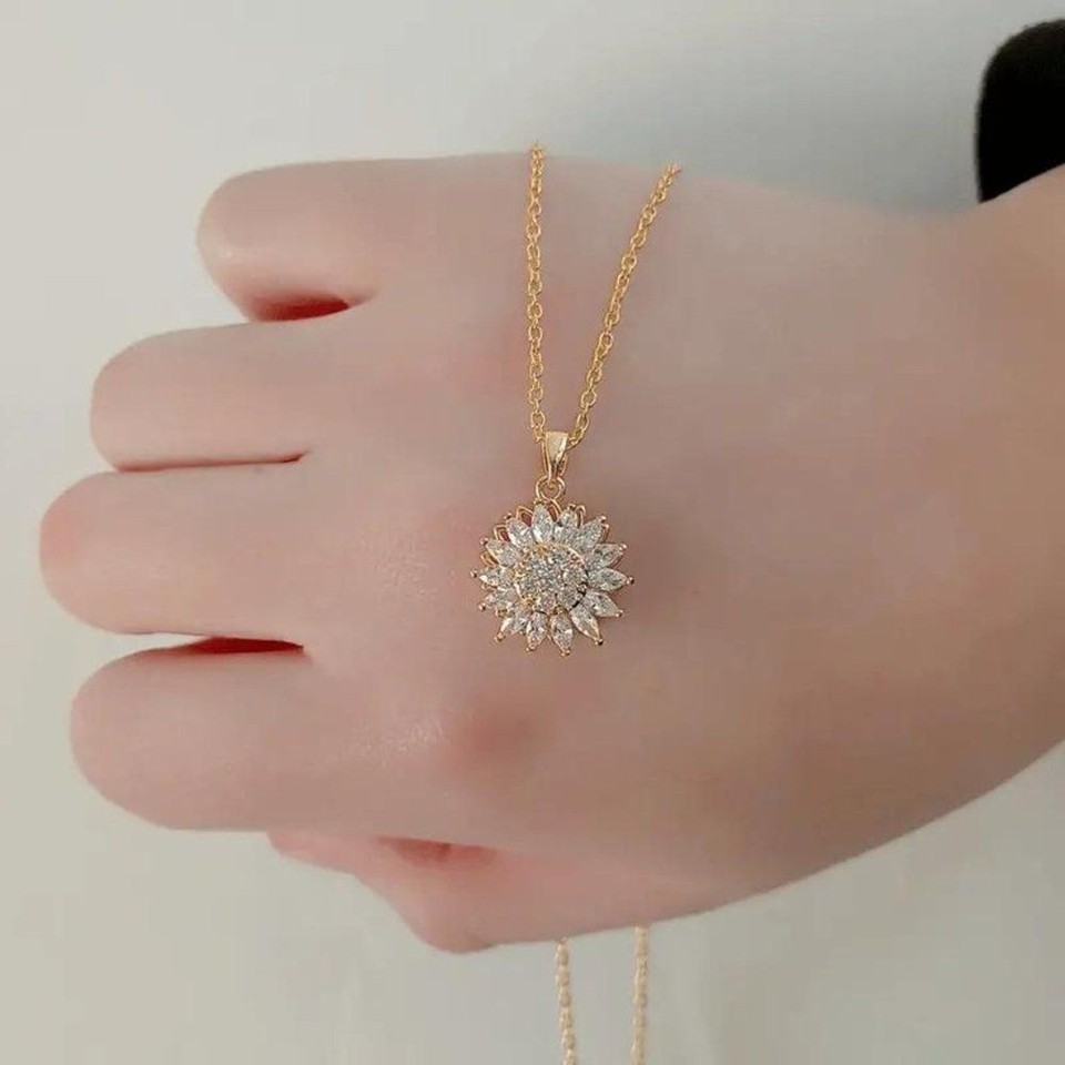 Gold Sunflower FIDGET Rotating Spinning Pendant Necklace Mom Gift CZ ...