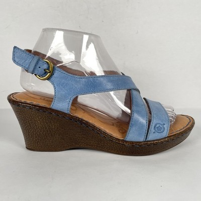 Born Wedge Sandals Womens Size 8 M Blue Leather Strappy Buckle Comfort ...