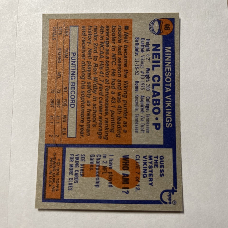 1976 Topps Football Neil Clabo Minnesota Vikings RC Rookie Card #46 | eBay