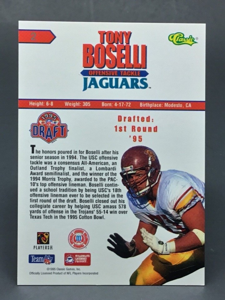 🏈💎 1995 Classic NFL Draft Tony Boselli Rookie card #2 Jacksonville ...