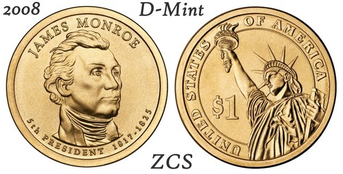 2008 D James Monroe Presidential One Dollar Coin U.S. Mint Money Coins ...