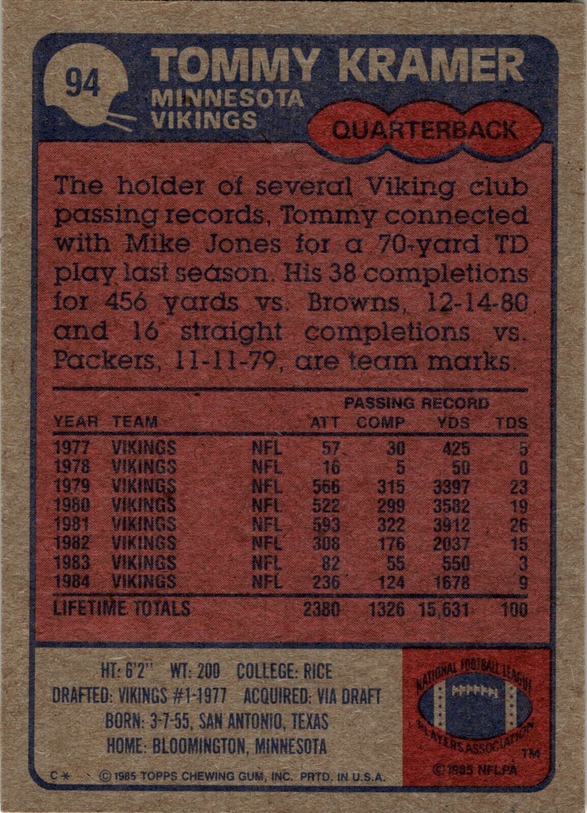 1985 TOPPS FOOTBALL Vintage Trading Card #94 🏈 TOMMY KRAMER, Minnesota ...