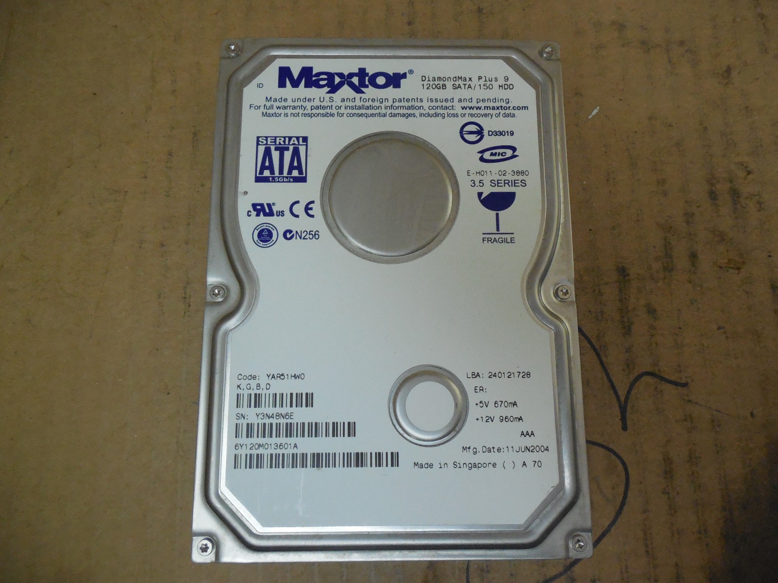 Maxtor DiamondMax Plus 9 120GB SATA/150 HDD Hard Drive YAR51HW0 ...