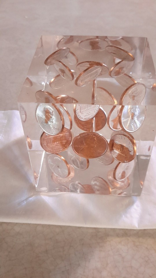 Vintage Lucite 2 1/2" Paperweight 1969 Pennies Money Cube LOOK!!! | eBay