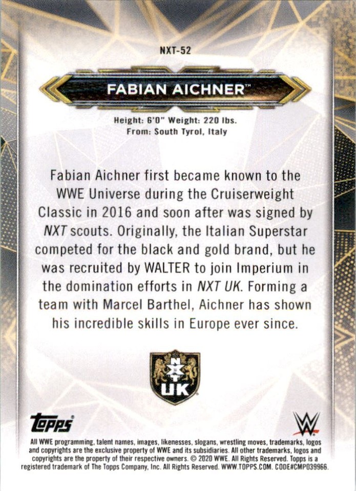 2020 Topps WWE NXT Roster #NXT52 Fabian Aichner | eBay