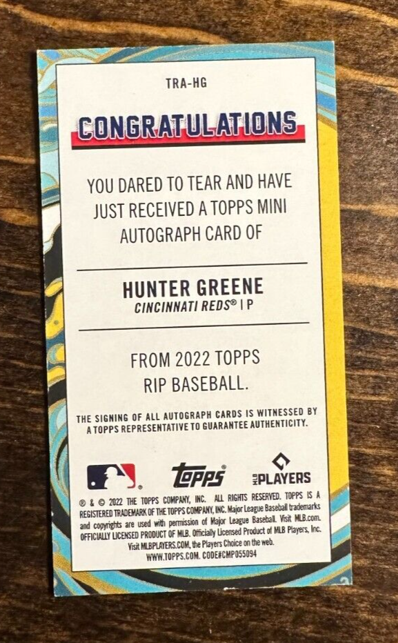 2022 Topps Rip Baseball Hunter Greene Autograph auto Mini Rookie Gold 5 ...