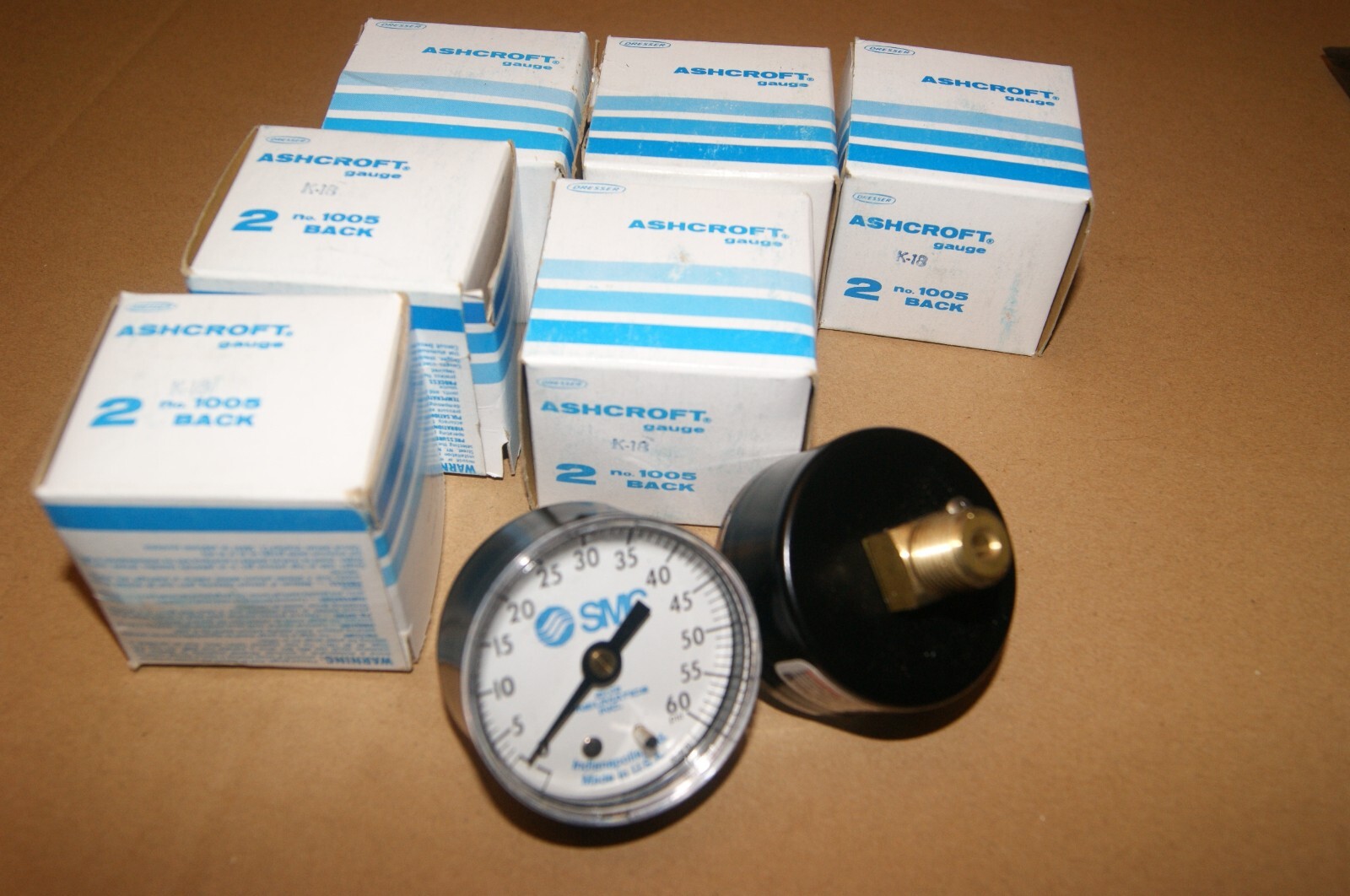 SIX New Ashcroft 0-60PSI pressure gauges 2" diameter. In factory boxes ...