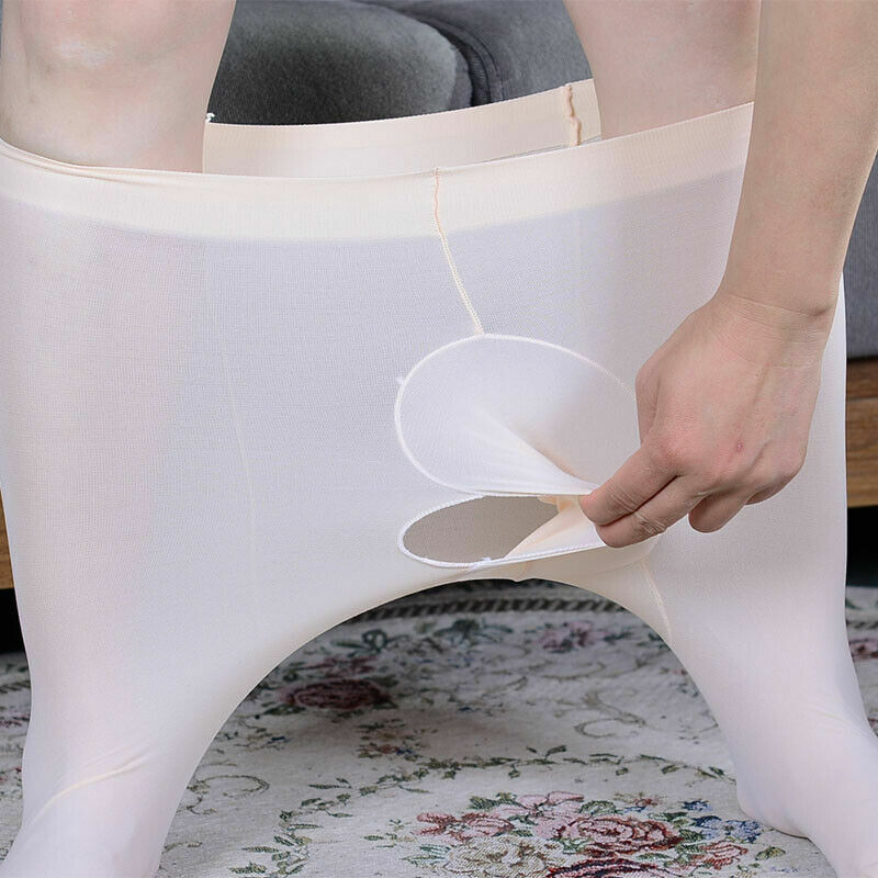 Men's High Elastic Sheer Stockings Pantyhose Bulge Pouch Open Fly ...