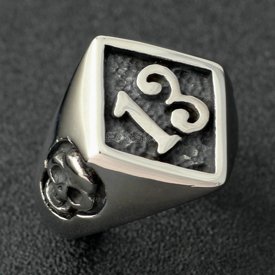 Men's Lucky Angel Number Numeral 13 Stainless Steel Skull Biker Ring ...