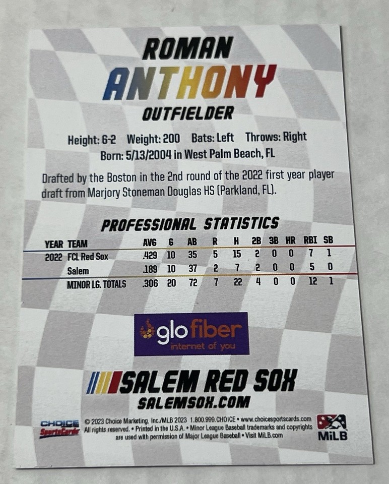 2023 Salem Red Sox Roman Anthony Team Set card + NASCAR SGA Card | eBay