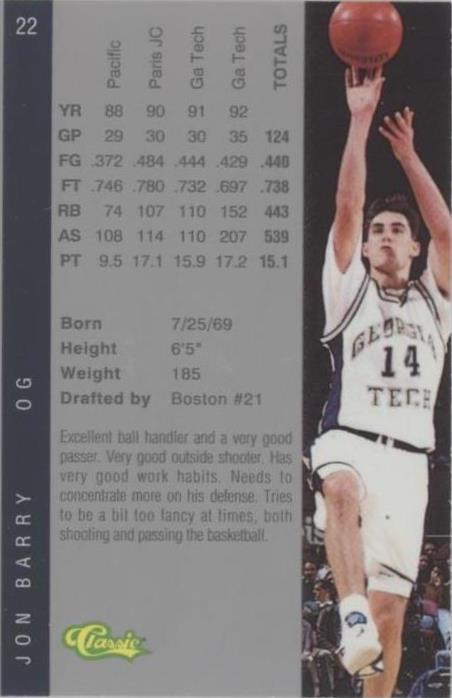 1992 Classic Four Sport Draft Pick Collection - Jon Barry #22 for sale ...