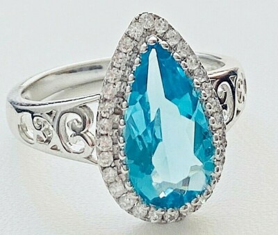 R6420S Mt St Helens Swiss Blue Helenite Pear W/CZ Sterling Silver Ring ...