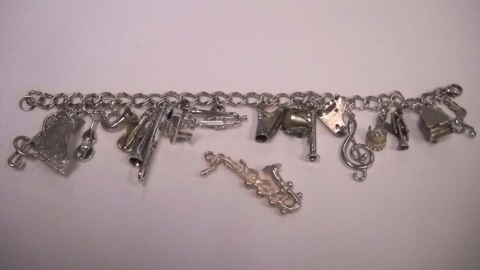 Vintage Sterling Silver Musical Instruments Charm Bracelet 7" + bonus ...