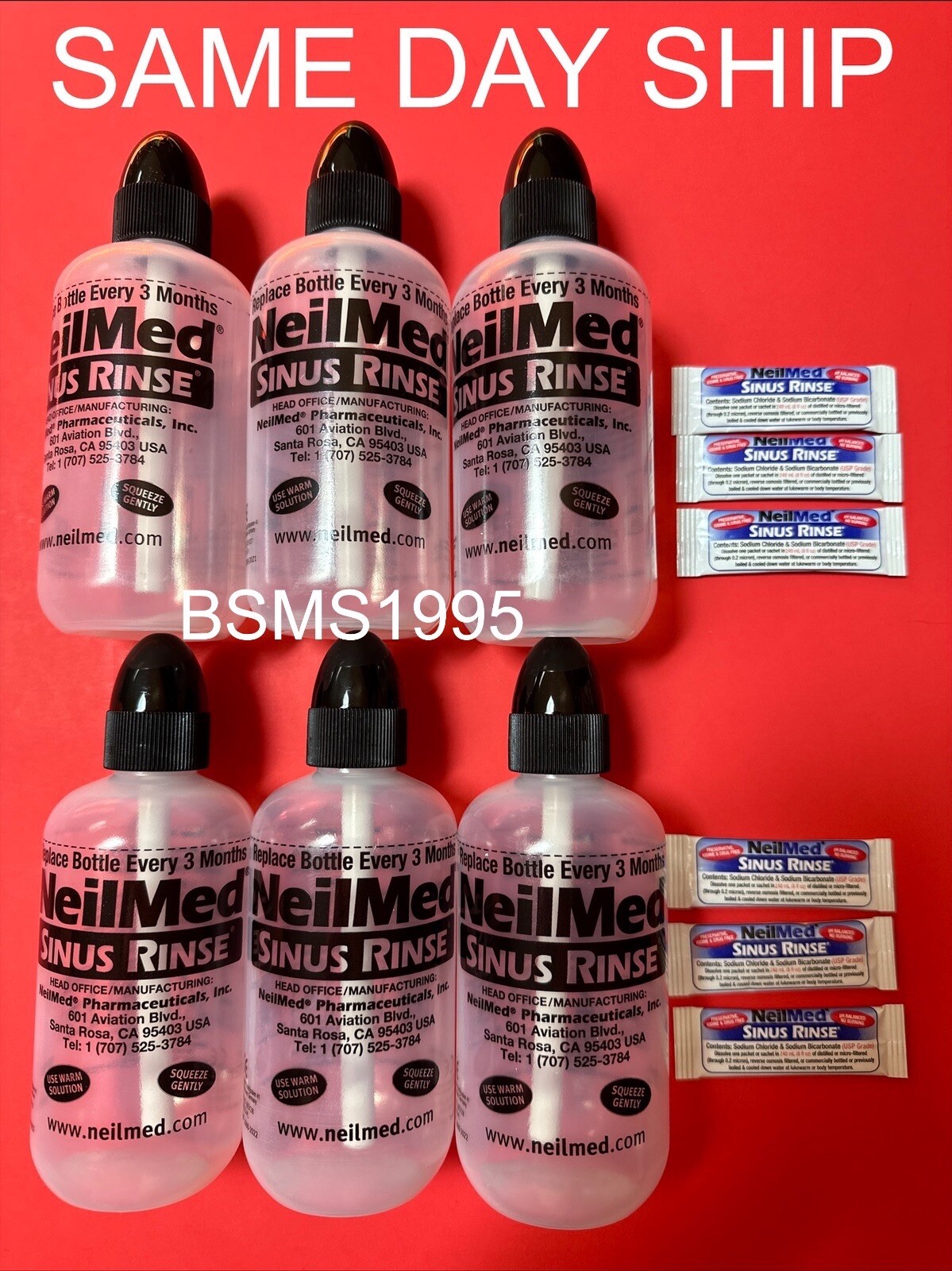 LOT OF 6 NEILMED SINUS RINSE REFILLABLE EMPTY BOTTLES 8 OZ + 6 PACKETS ...