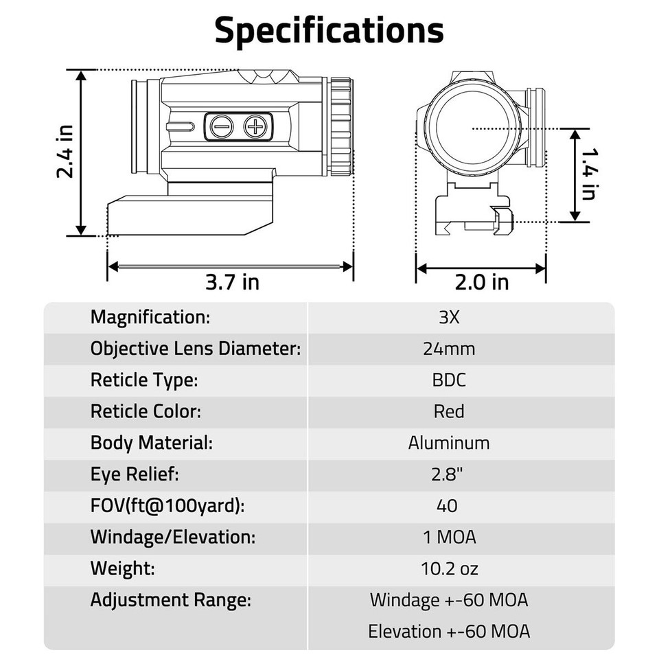 3X24 Rifle Scope Motion Awake Compact Optics Prism Illuminated BDC Red ...
