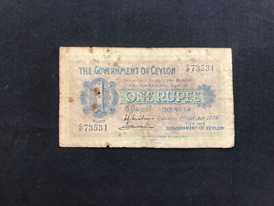 British Ceylon 1 Rupee Banknote 1939 Old Used Money Bank Bill P-16 Free ...
