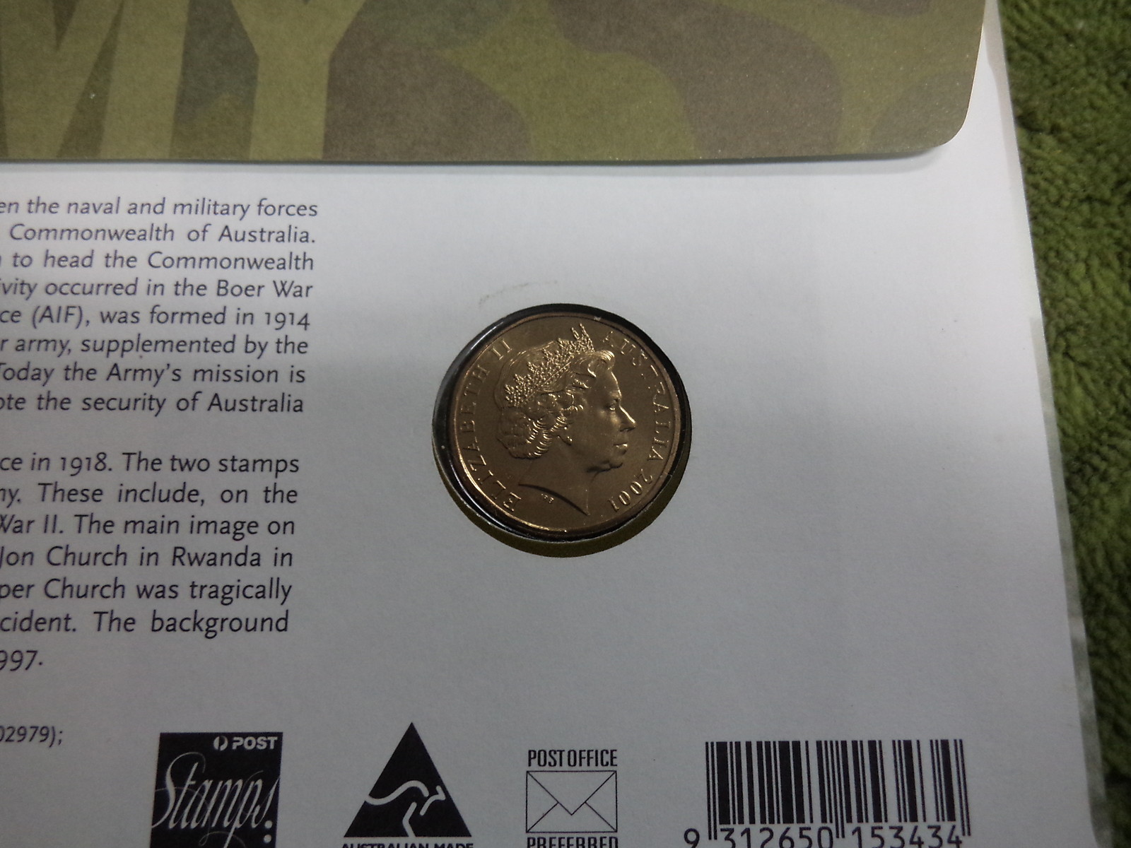#D259. 2001 CENTENARY OF AUSTRALIAN ARMY PNC - $1 COIN ON STAMPED COVER ...