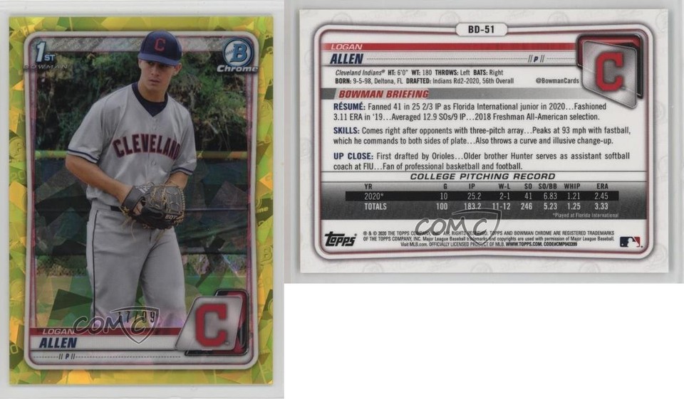 2020 Bowman Chrome Draft Sapphire Yellow 17/99 Logan Allen #BD-51 1d0h ...