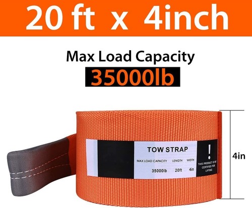 4''x 20ft ORANGE Heavy Duty Hooks Tow Strap Safety Buckle 35,000LB ...