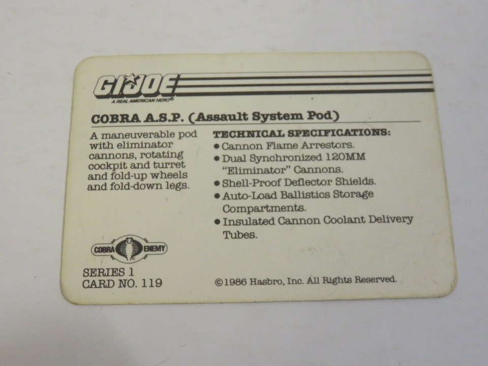ASP A.S.P #119 GI JOE COBRA MILTON BRADLEY ACTION TRADING CARD 1986 MB ...