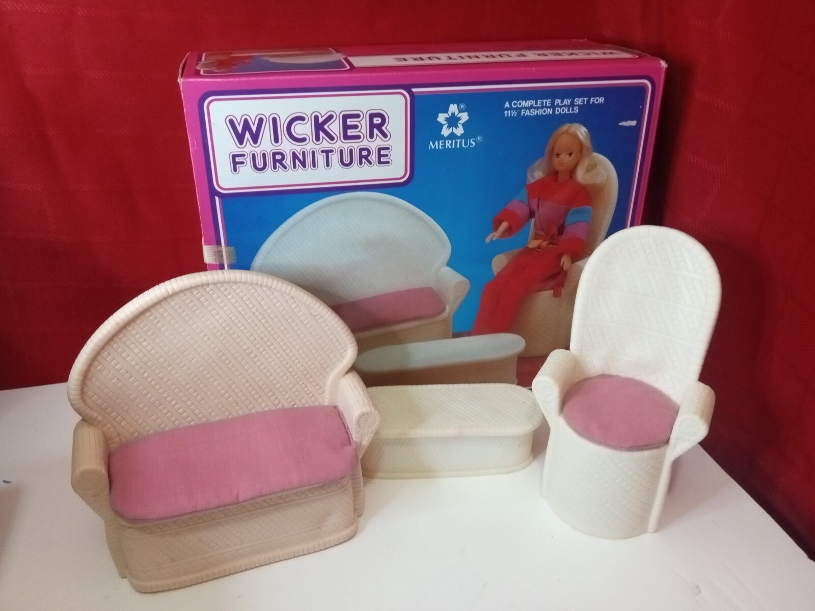 Vtg 1984 Meritus Fashion Doll Wicker Furniture Set Barbie In Original ...