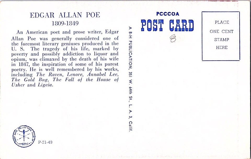 VINTAGE EDGAR A POE (POET & PROSEWRITER) PORTRAIT 1809-1849 POSTCARD KE ...