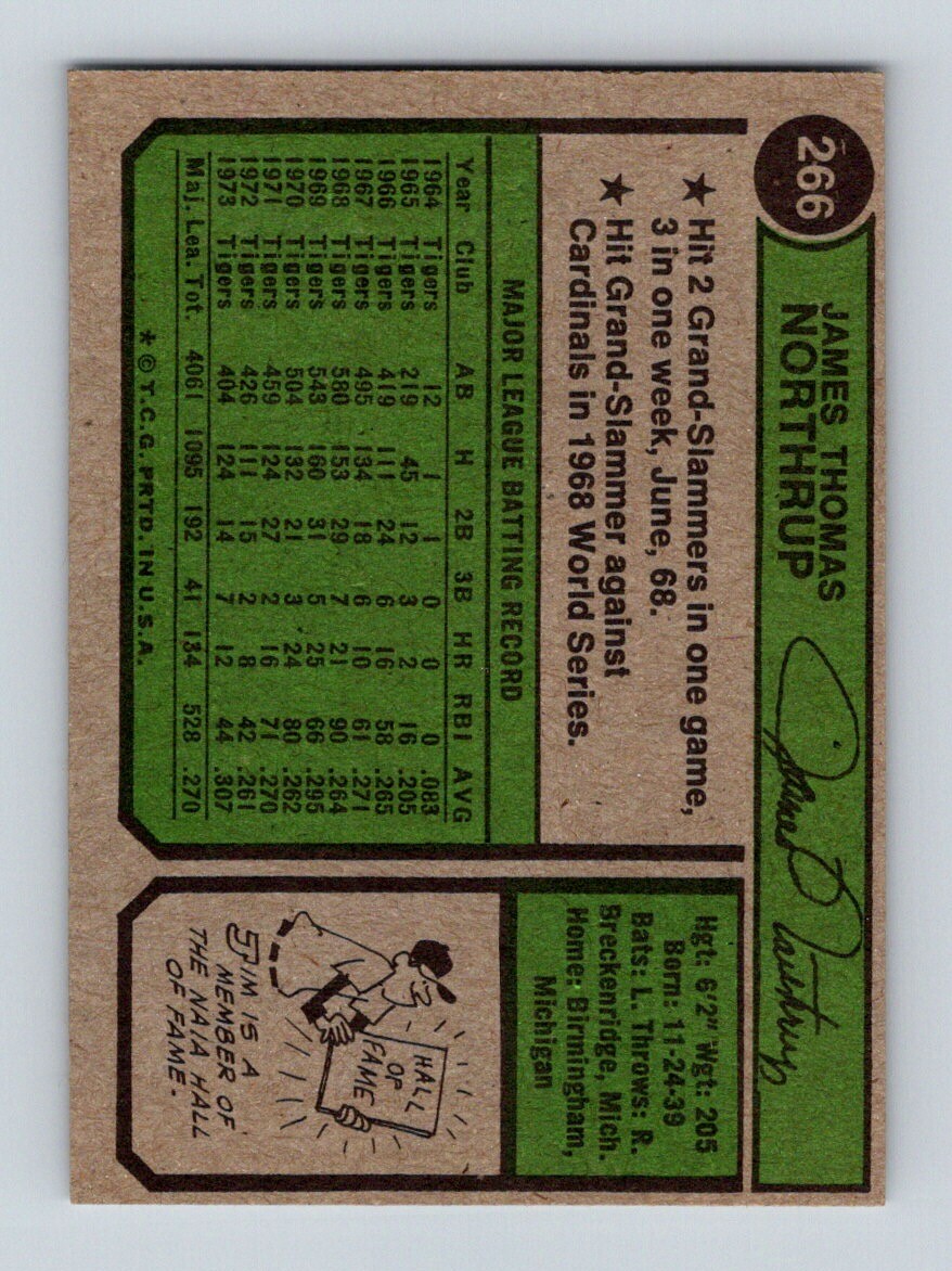 1974 Topps Jim Northrup #266 Detroit Tigers Baseball Card EX Set Break ...