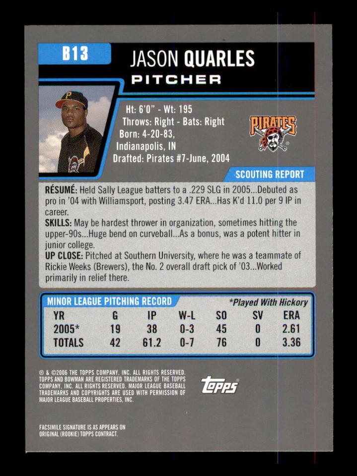 2006 Baseball Bowman Jason Quarles Pittsburgh Pirates #B13 Gold | eBay