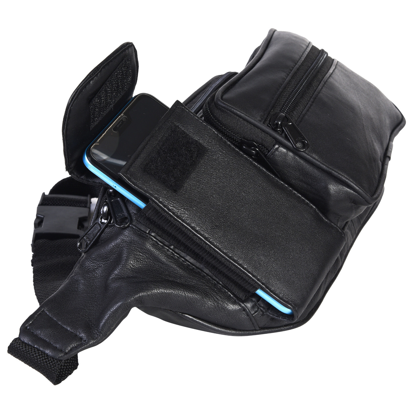 New Black Pure Leather Fanny Pack Waist bag Adjustable Travel Pouch ...