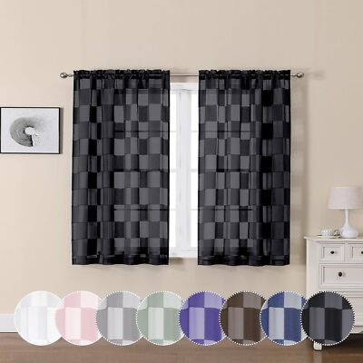 Barry Black Curtains 45 Inches Long 2 Panels Privacy Soft Checkered ...