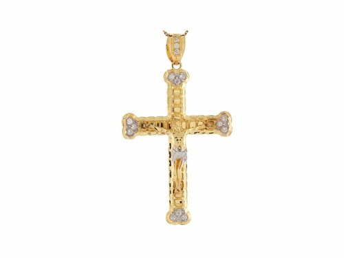 10k or 14k Two Tone Gold White CZ 6.55cm Jesus Botonee Cross Pendant | eBay