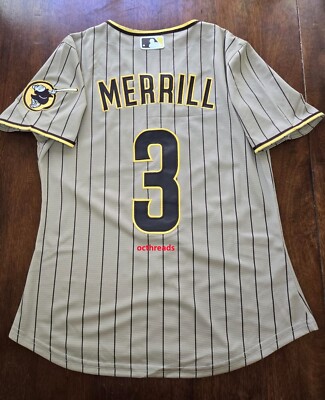 WOMENS NEW JACKSON MERRILL SAN DIEGO PADRES STITCHED JERSEY TAN S M L ...