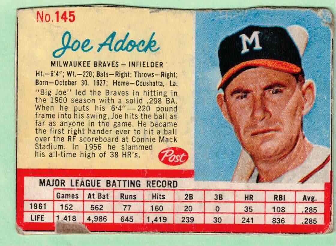 1962 Post - "Adock" #145 Joe Adcock for sale online | eBay