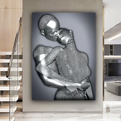 Silver Metallic 3D effect Lovers kissing Heads Canvas Wall Art or ...