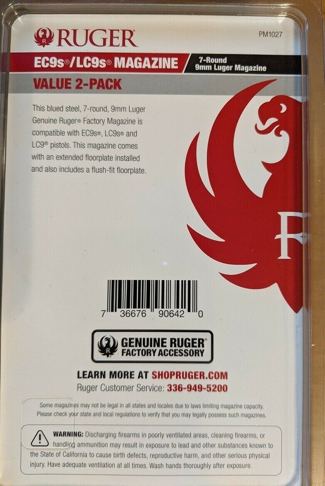 RUGER LC9 LC9S EC9S 9mm 7 Round Magazine OEM 7rd Mag 90642 Value 2 Pack ...