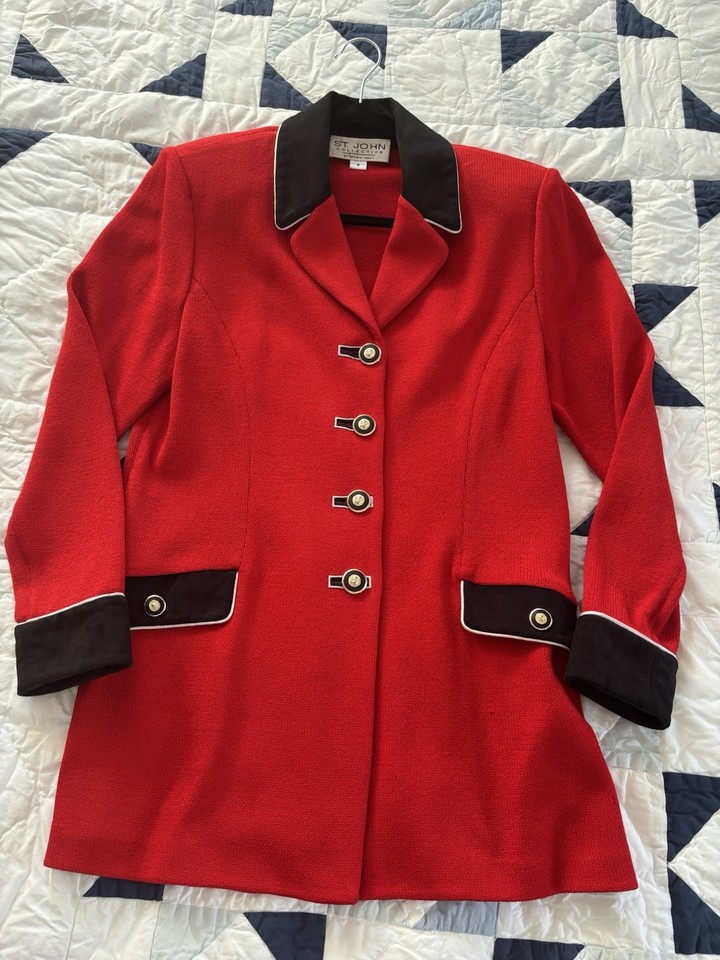 St. John Red/black Trim Gold 4Button Knit Riding Jacket Size 6 | eBay