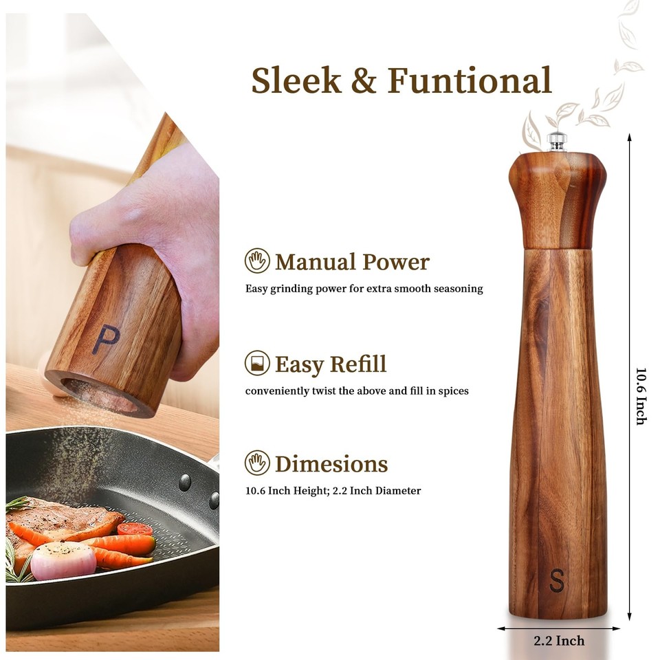 2 Pack 10 Inch Acacia Wooden Salt and Pepper 10 Inch, 10 - Yellow Brown ...