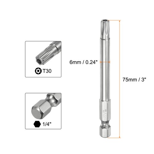 T30 Security Torx Bit 1/4" Hex Shank 3" Long Tamper Resistant Star Bits ...