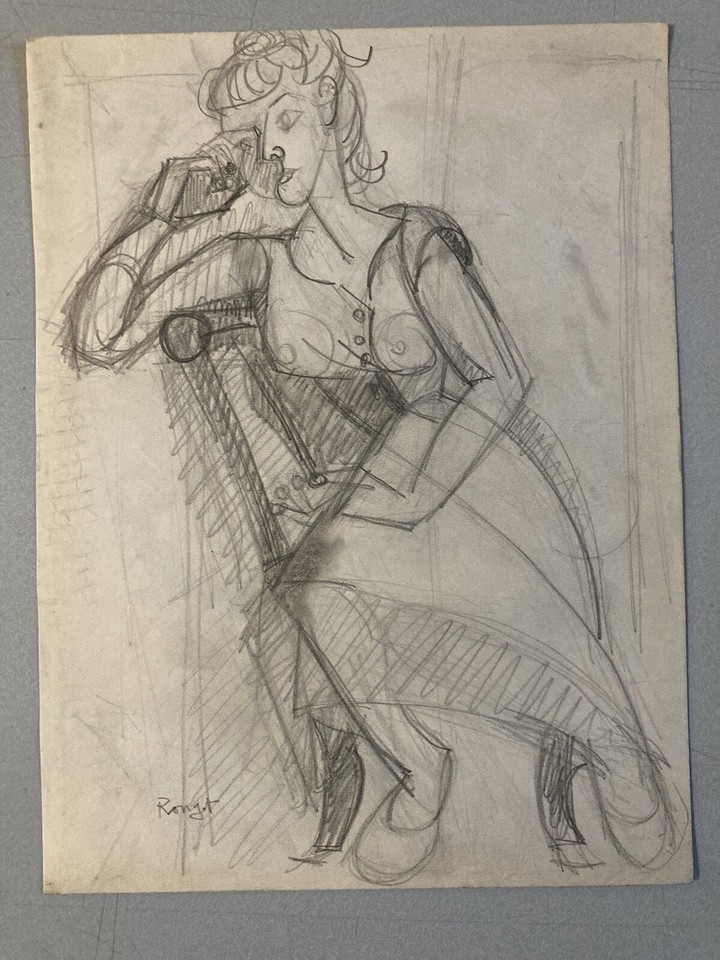 Old Drawing Cubist Art Woman Artist Pencil Elisabeth Ronget Cubism 1950 ...