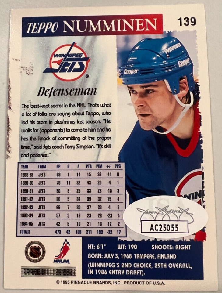 Teppo Numminen JSA Authentic Autograph Score '95-96 Pinnacle #139 | eBay