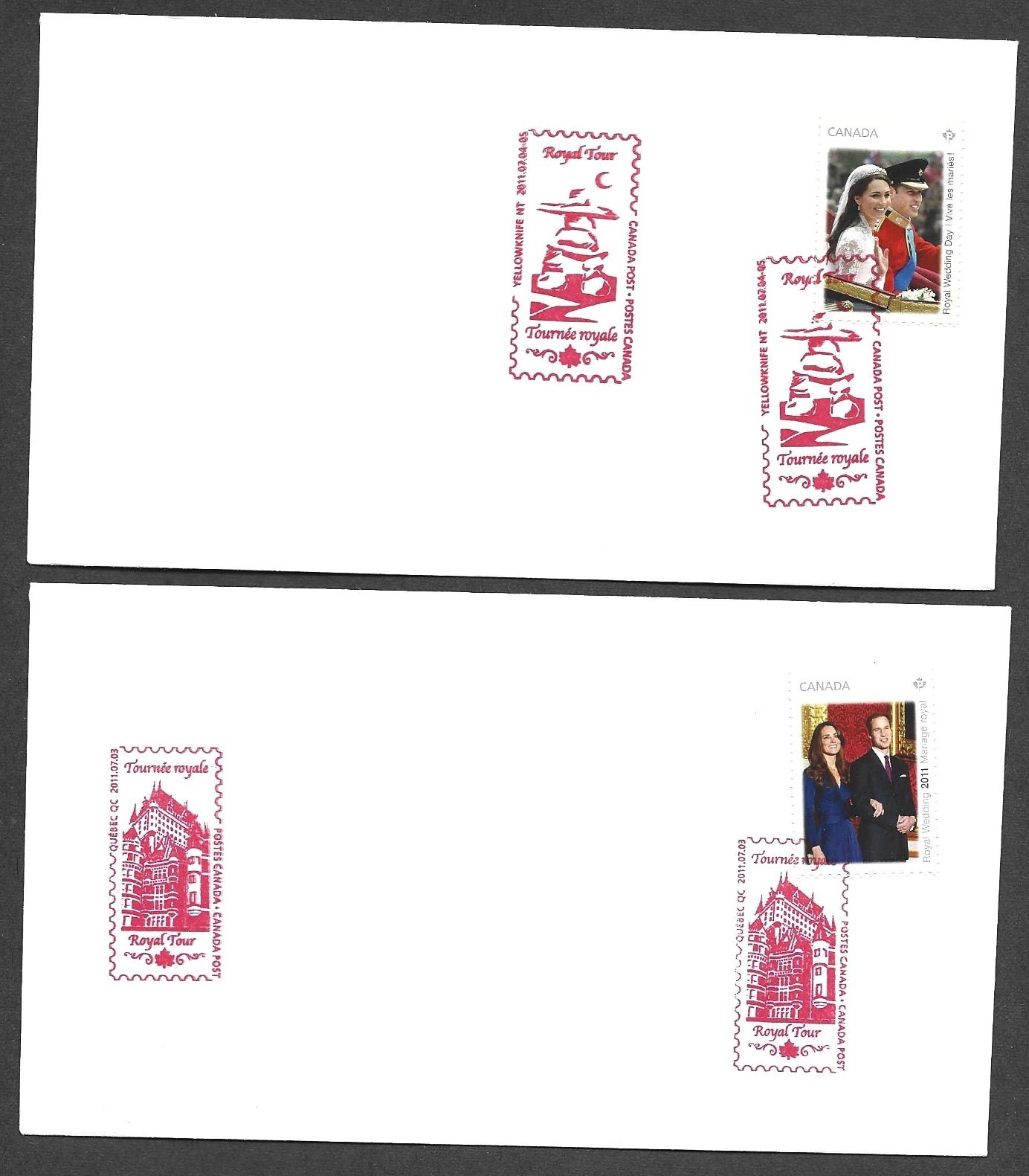 CANADA COVERS 2011 ROYAL WEDDING STAMPS "P" YELLOWKNIFE, NT & QUEBEC ...