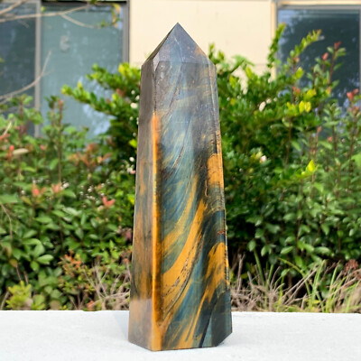 340G Natural Golden Tiger Eye Stone Obelisk Quartz Wand Crystal Pillar ...