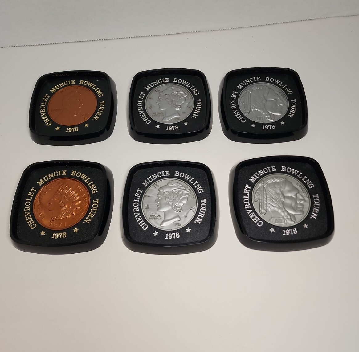 6 Coin Coasters - Penny, Nickel, Dime- Chevrolet Muncie Bowling Tourn ...