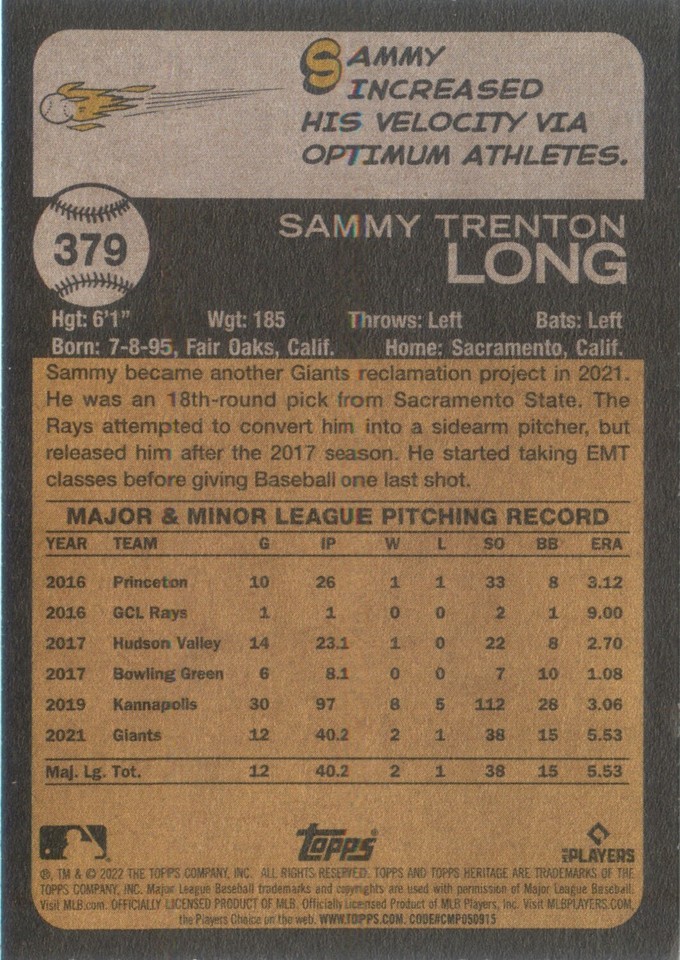 Sammy Long RC 2022 Topps Heritage Baseball Rookie Card #379 San ...