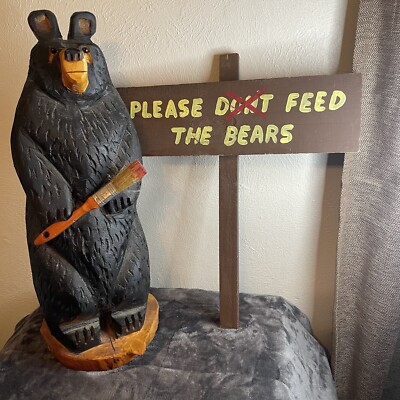 Handmade chainsaw carved Bear with sign pine wood about 24" h x 10" w ...