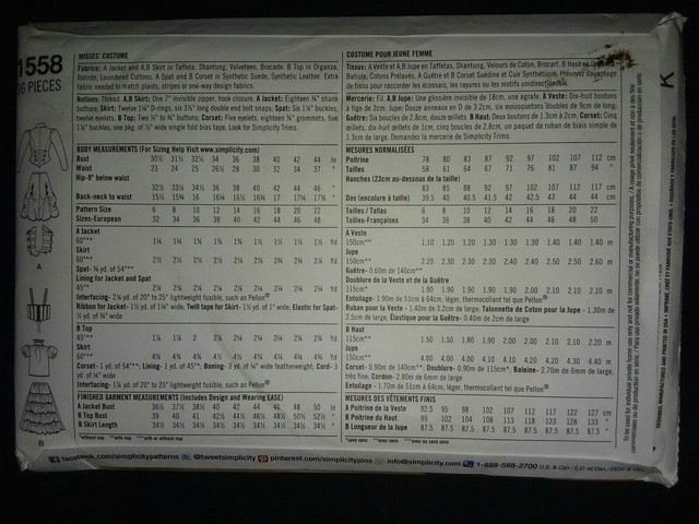 Simplicity Pattern 1558 Steampunk Jacket Top Bustle Skirt Corset Size14 ...