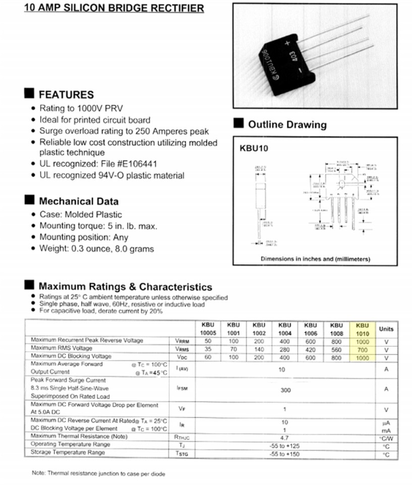 Single Phase 10A 1000V KBU1010 Diode Bridge Rectifiers 4pin KBU-1010 x ...