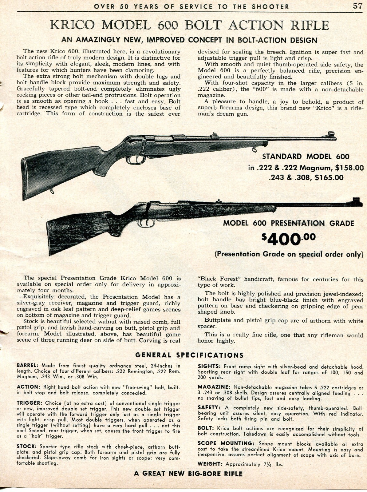 1962 Print Ad of Krico Model 600 Standard & Presentation Grade Bolt ...