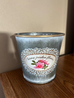 Small 5" Galvanized Metal Planter with Protective Insert Floral Design ...