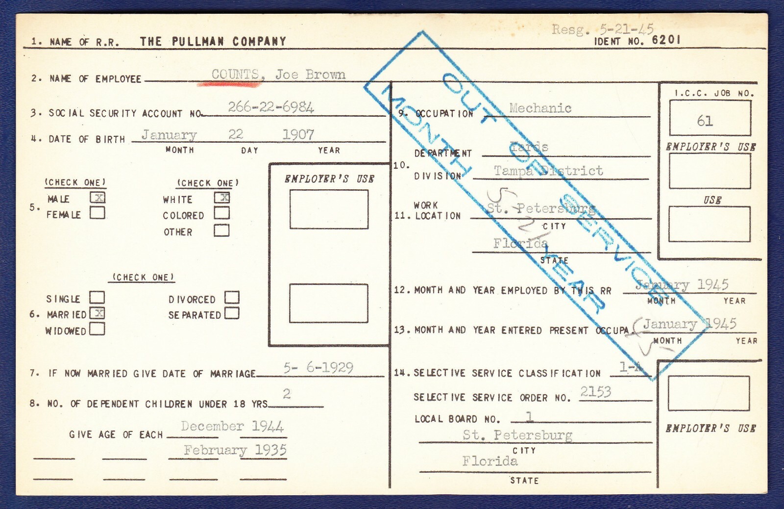 1945 PULLMAN COMPANY EMPLOYEE SELECTIVE SERVICE CARD (JOE BROWN COUNTS ...